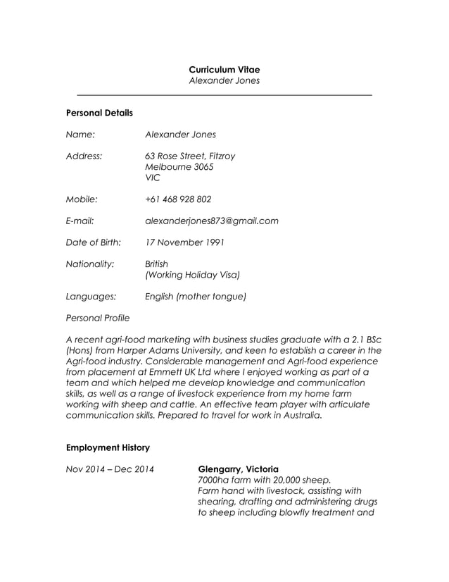 Jones, Alex CV, (OZ) | DOC | Agriculture | Industries