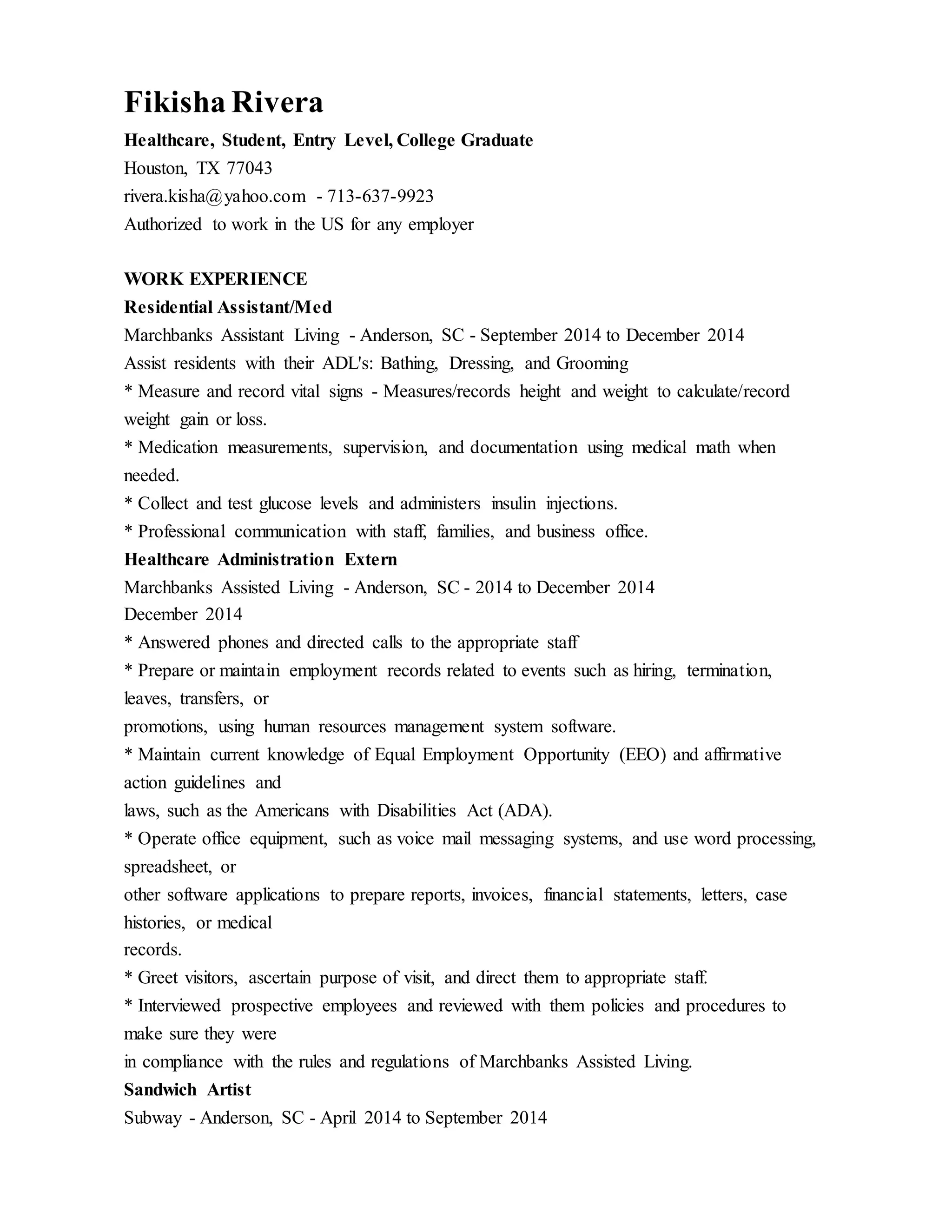 Fikisha Rivera Resume 2016 | DOCX