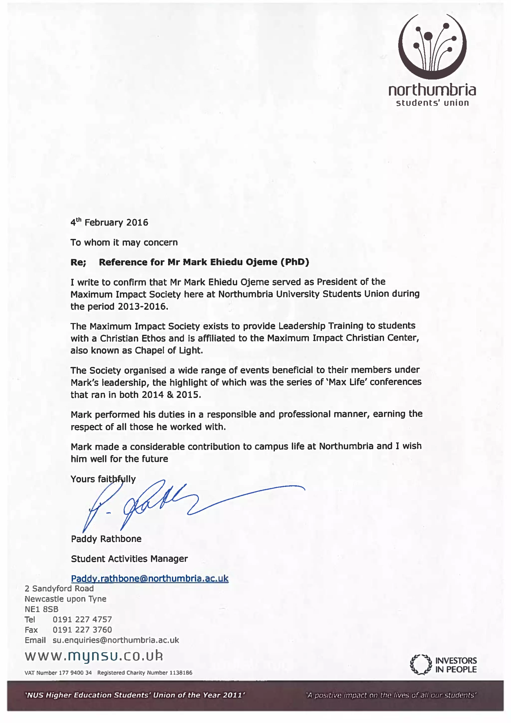 Student Union Reference Letter | PDF