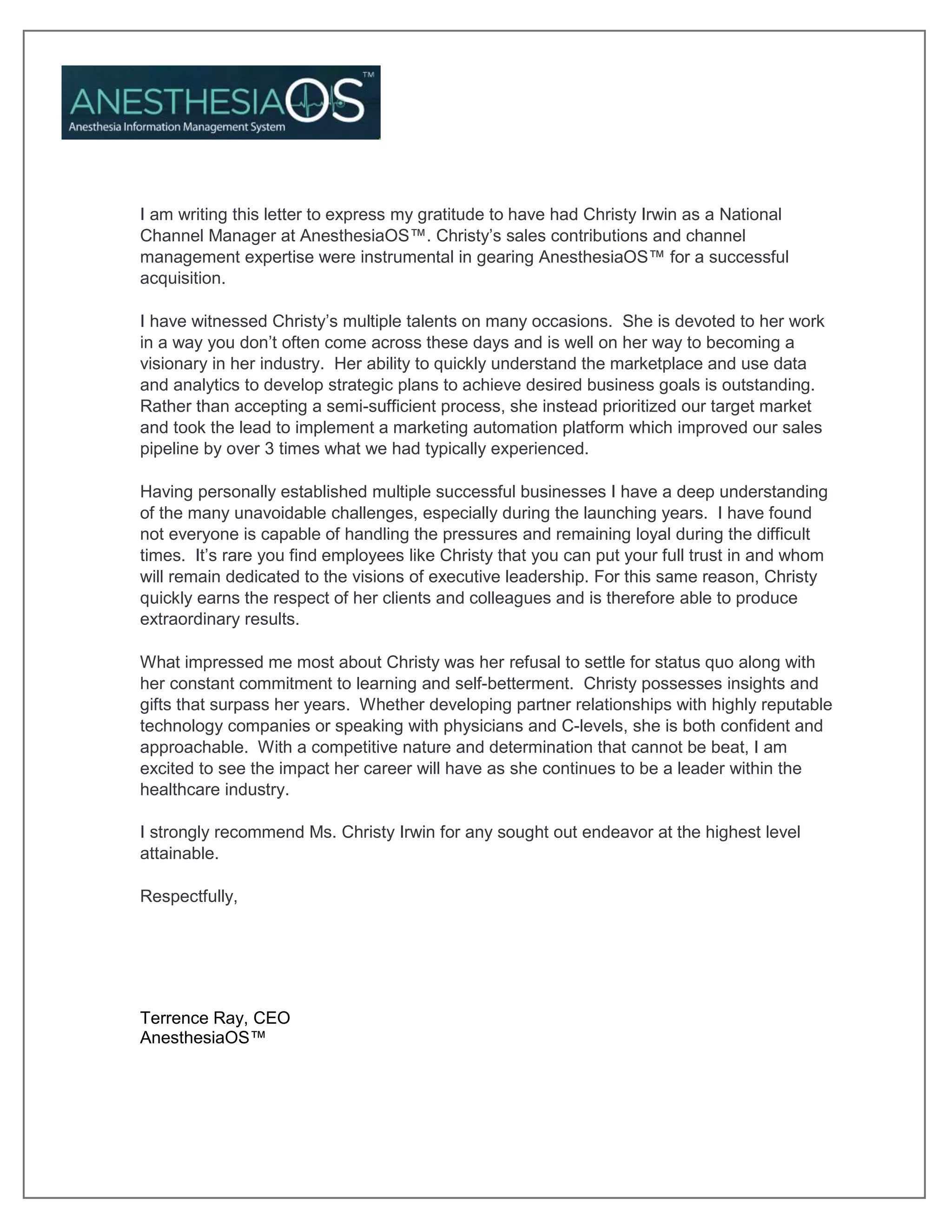 CEO Recommendation Letter- AnesthesiaOS | PDF