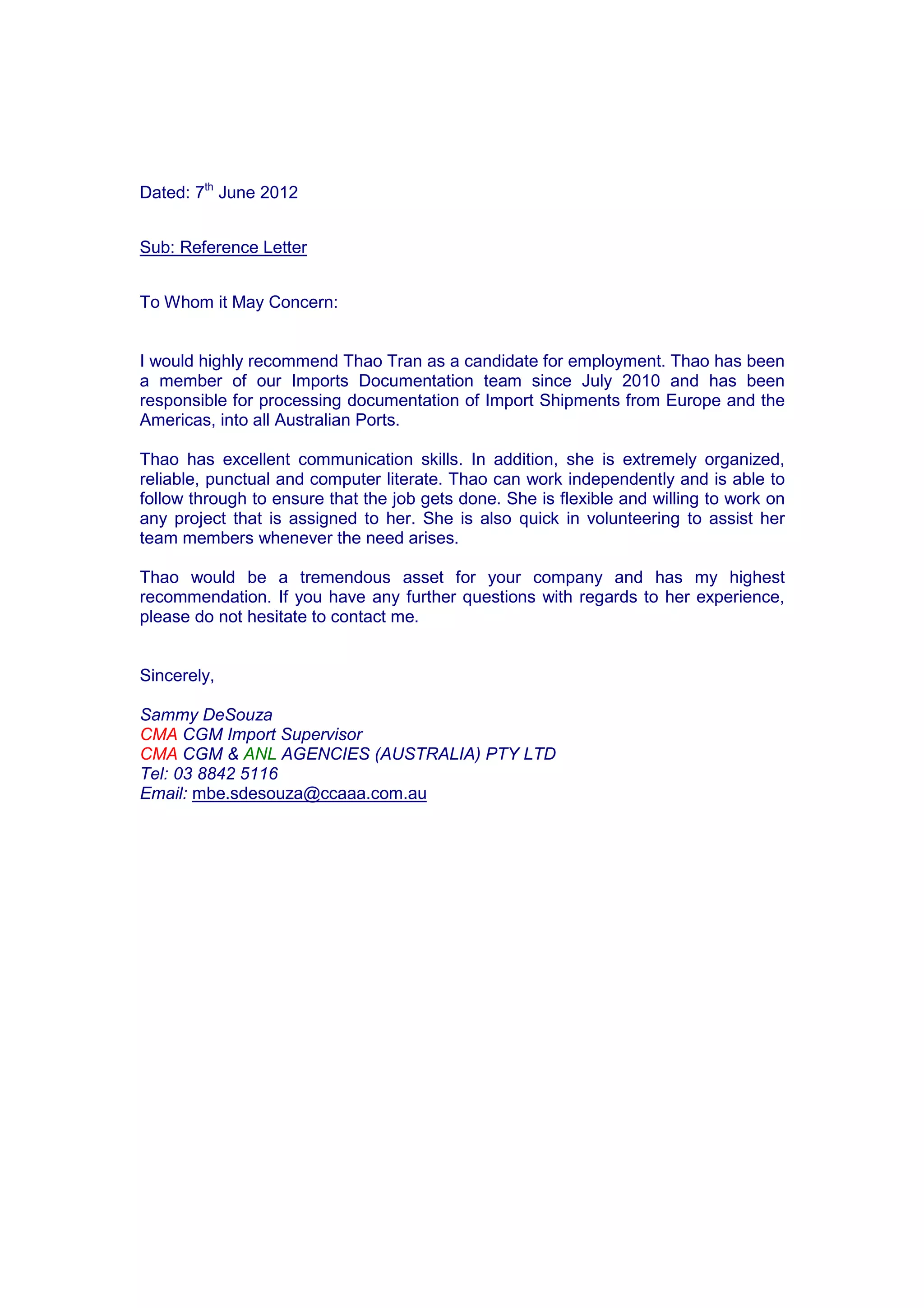 Reference letter CMA | PDF