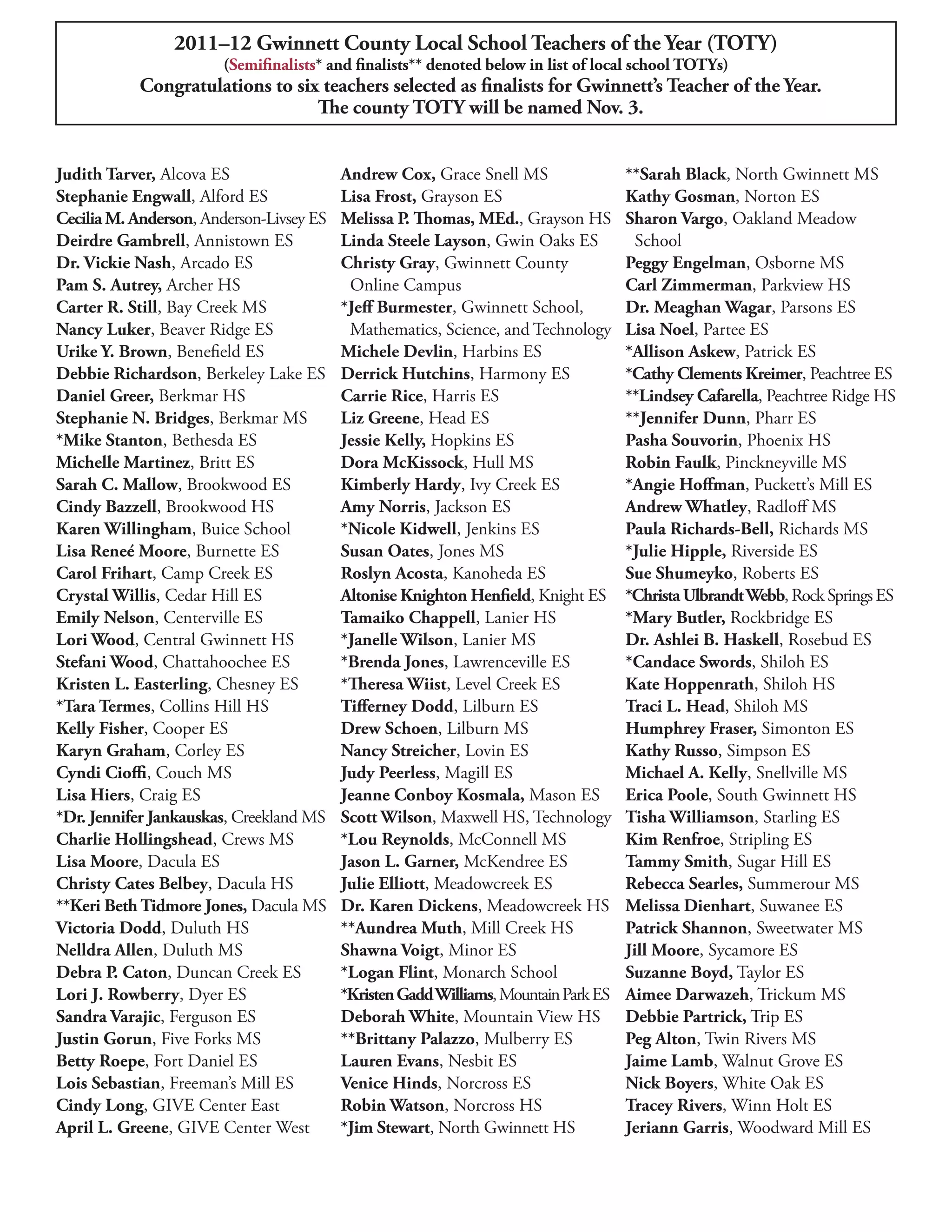 October2011- GCPS TOTY | PDF