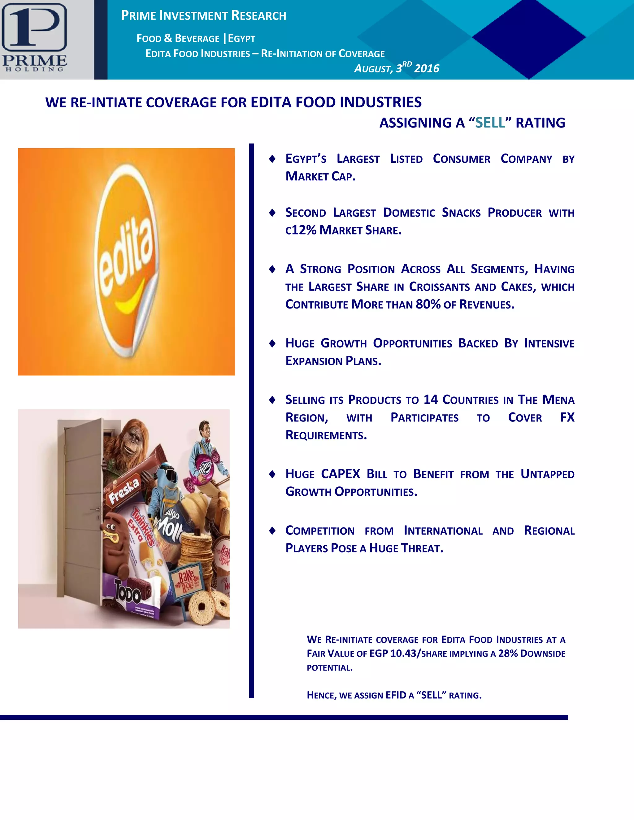 Edita Food Industries - Re-initiation of Coverage - August 2016 | PDF