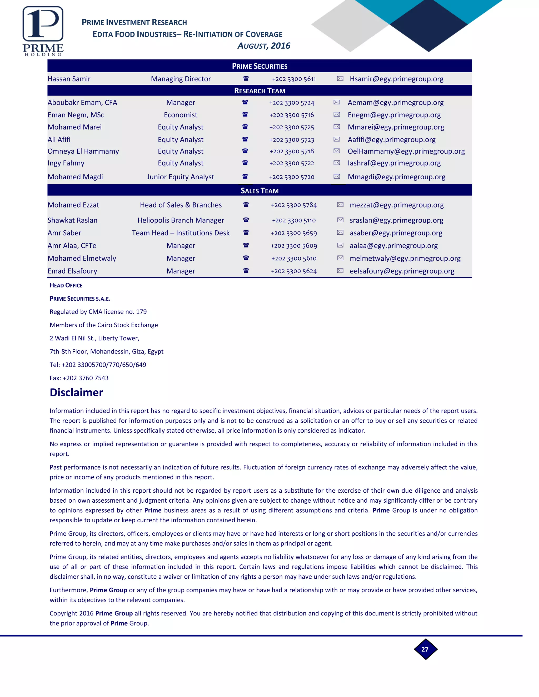 Edita Food Industries - Re-initiation of Coverage - August 2016 | PDF