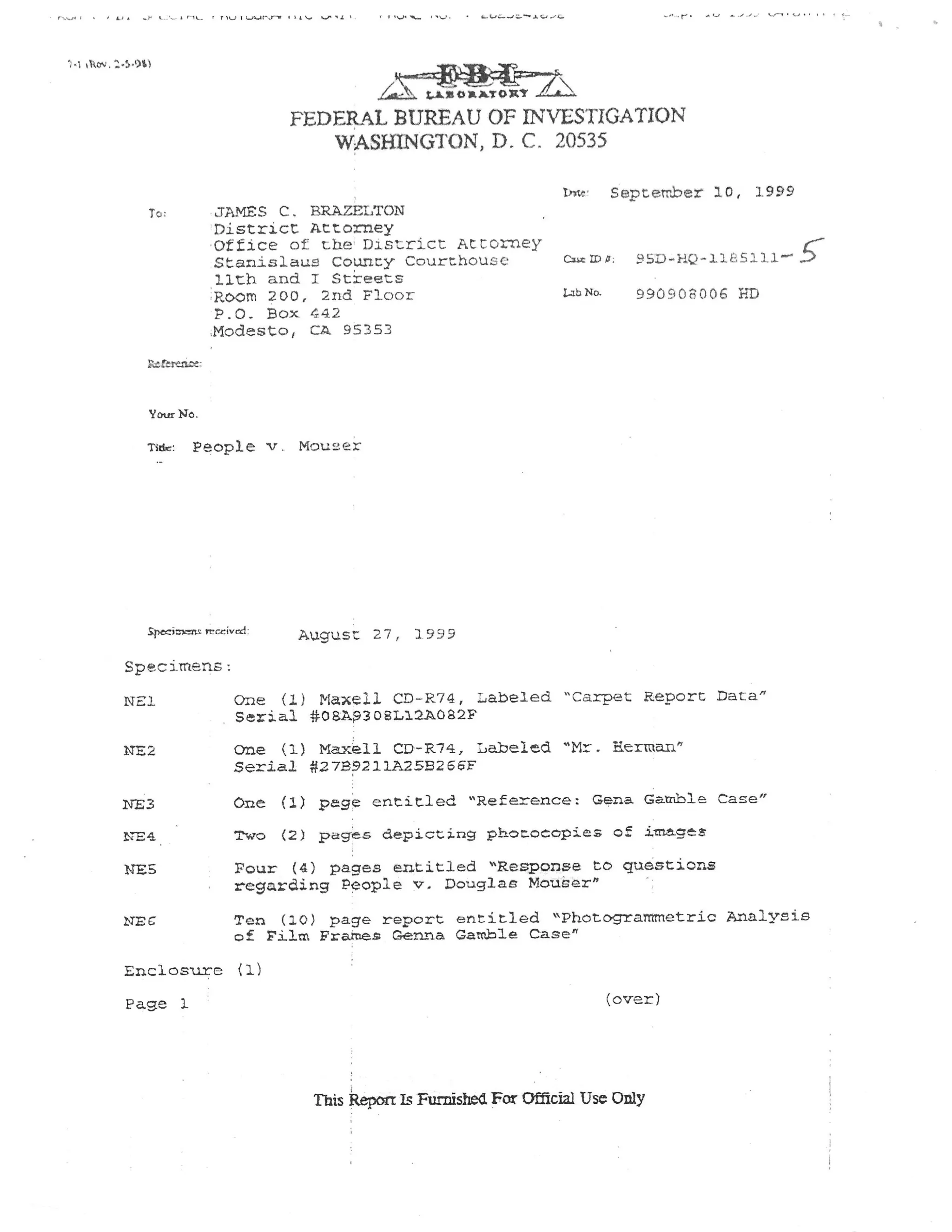 FBI Special Photographic Unit - Letter to DA Birgit Fladager | PDF