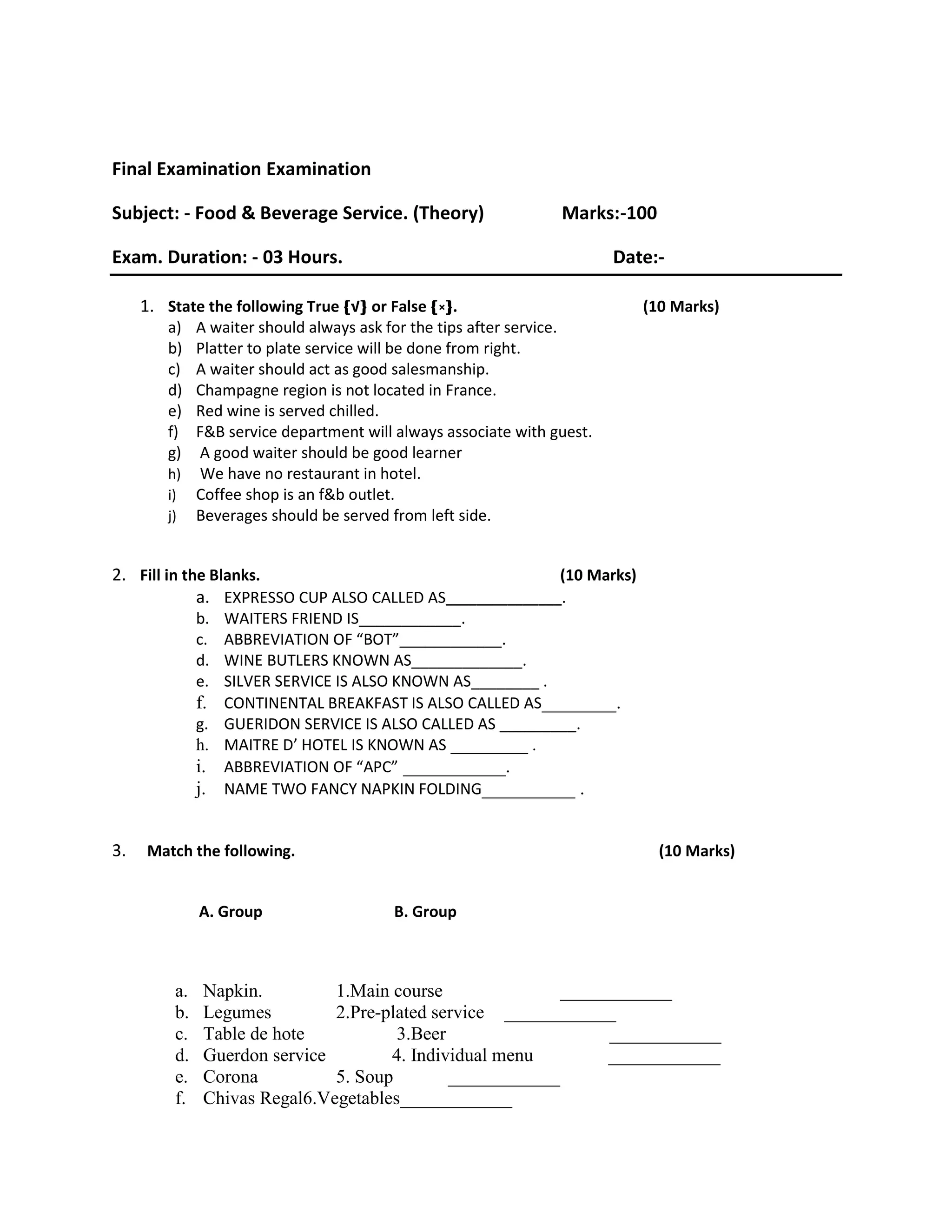 F&b service final examination question paper | DOCX