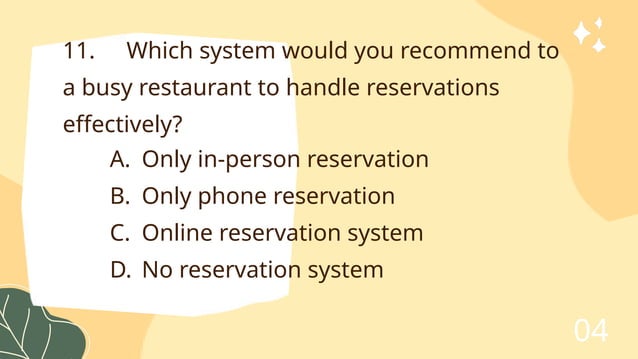FOOD AND BEVERAGE SERVICES TABLE RESERVATION QUIZ.pptx | Food & Drink