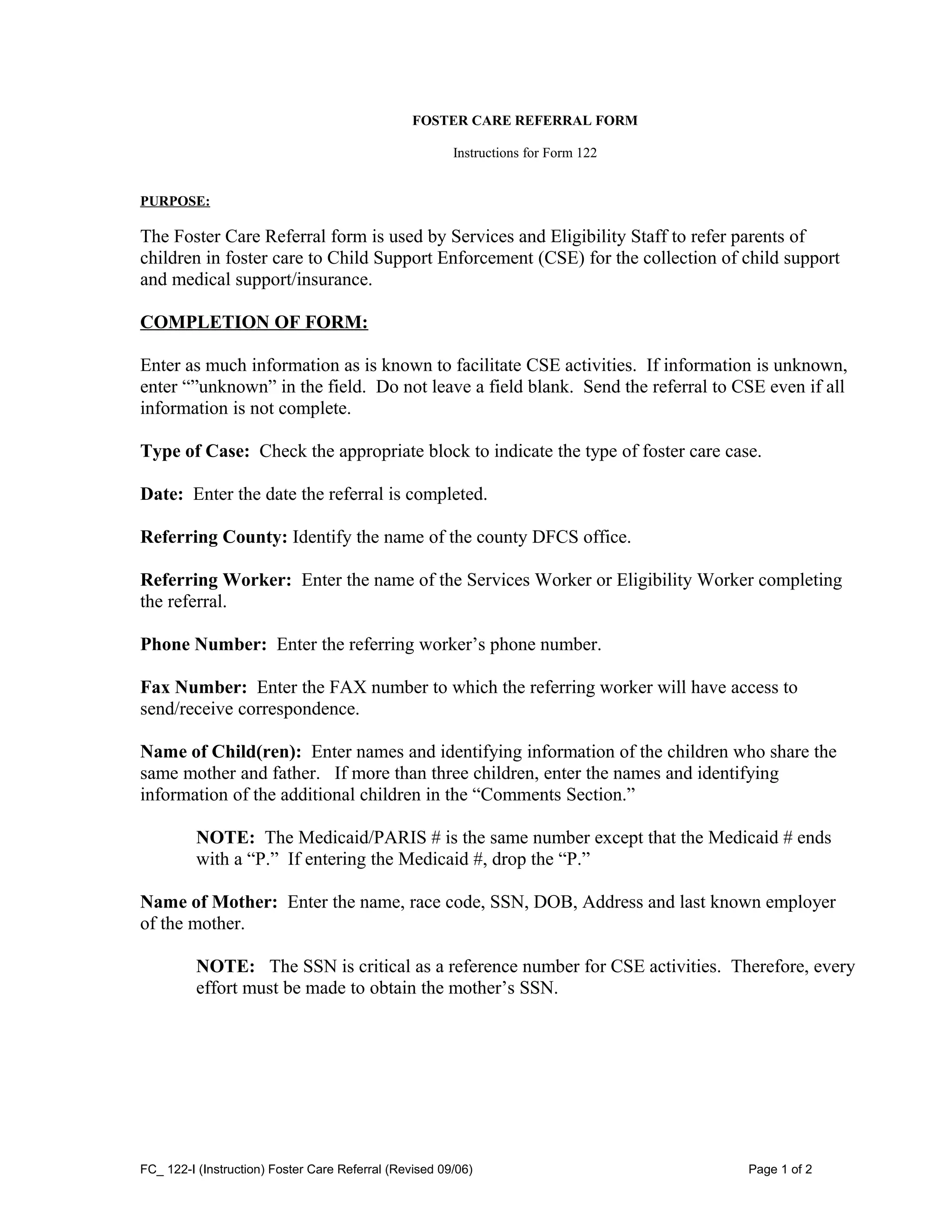 Fc 122 i (instruction) foster care referral instructions | DOC