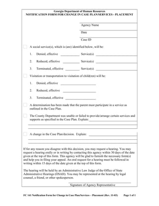 Fc 141 notification for change in case plan services | DOC