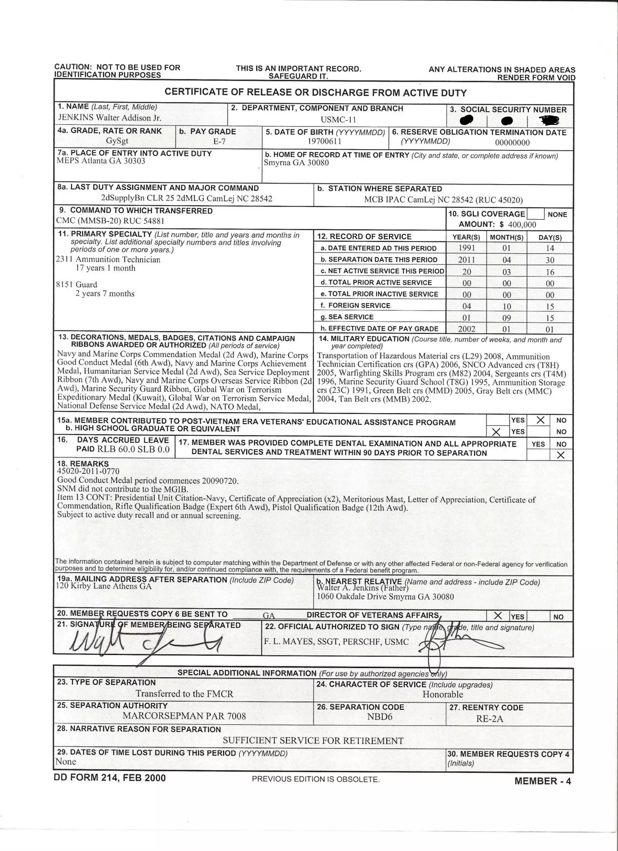 JENKINS DD 214 | PDF