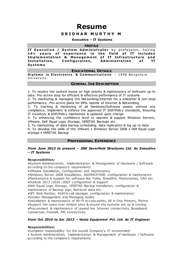 Sridhar murthy CV | DOCX | IT and Internet Support | Internet