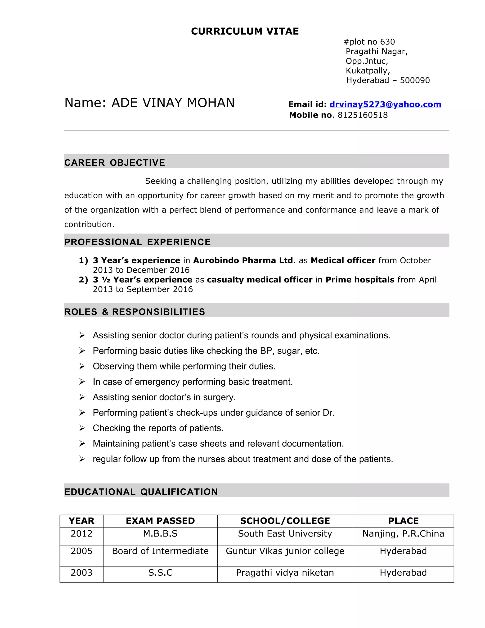 ade vinay mohan resume | DOC
