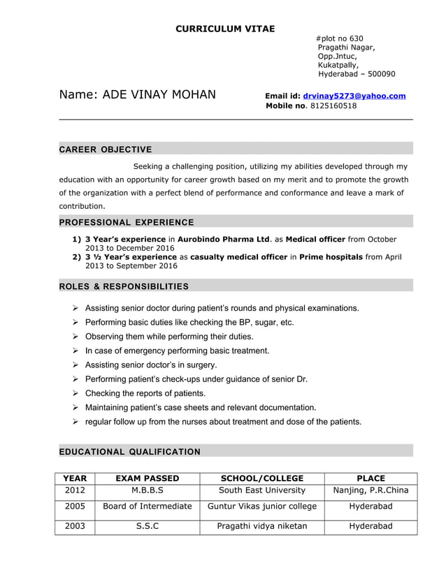 ade vinay mohan resume | DOC