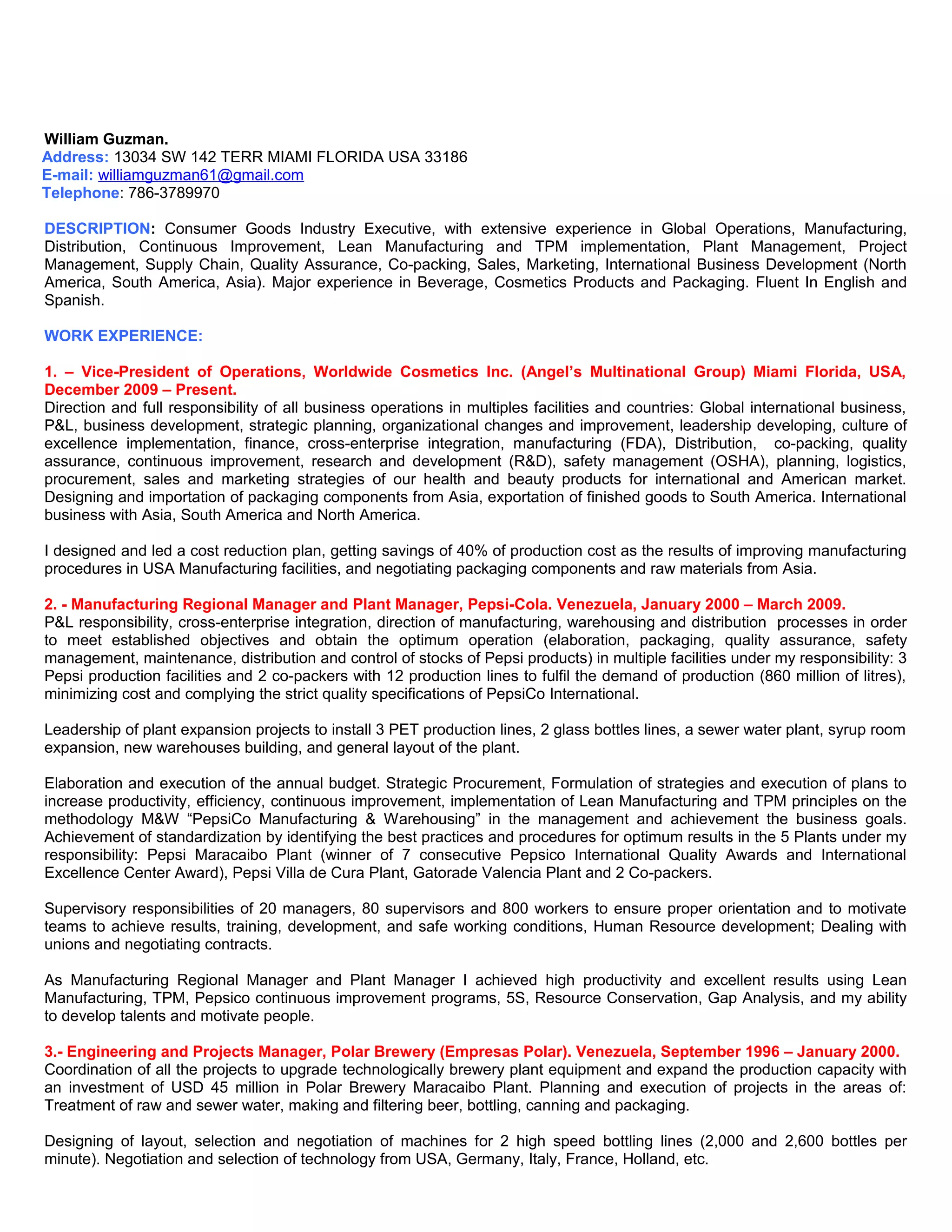 William Guzman Resume 2016 | DOC | Manufacturing Industry | Industries