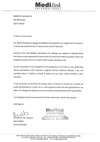 Medilink_Recommendation Letter_Gabriel Mulinga | PDF
