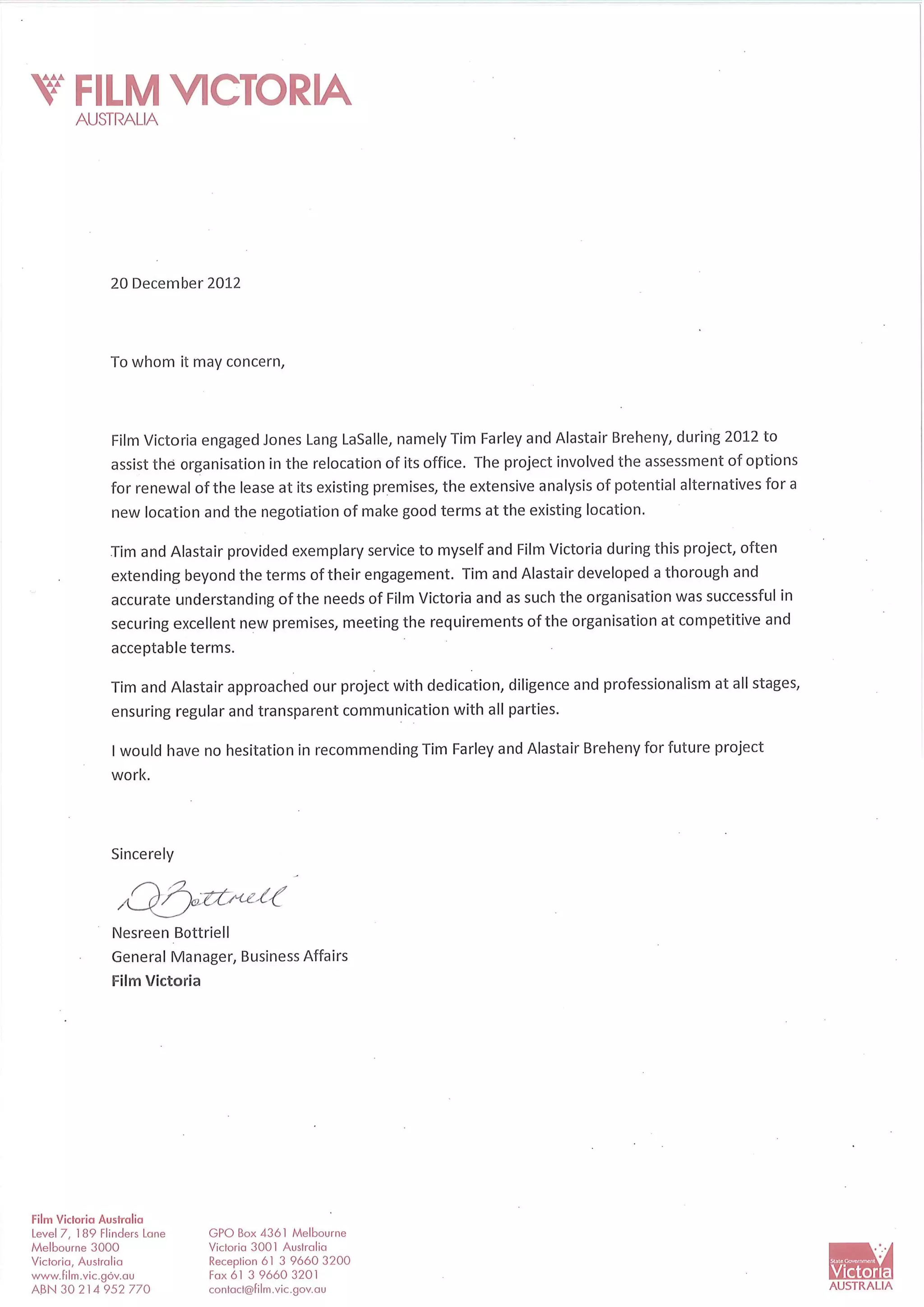 Film Victoria - JLL Reference Letter from Nesreen Bottriell 20 December ...
