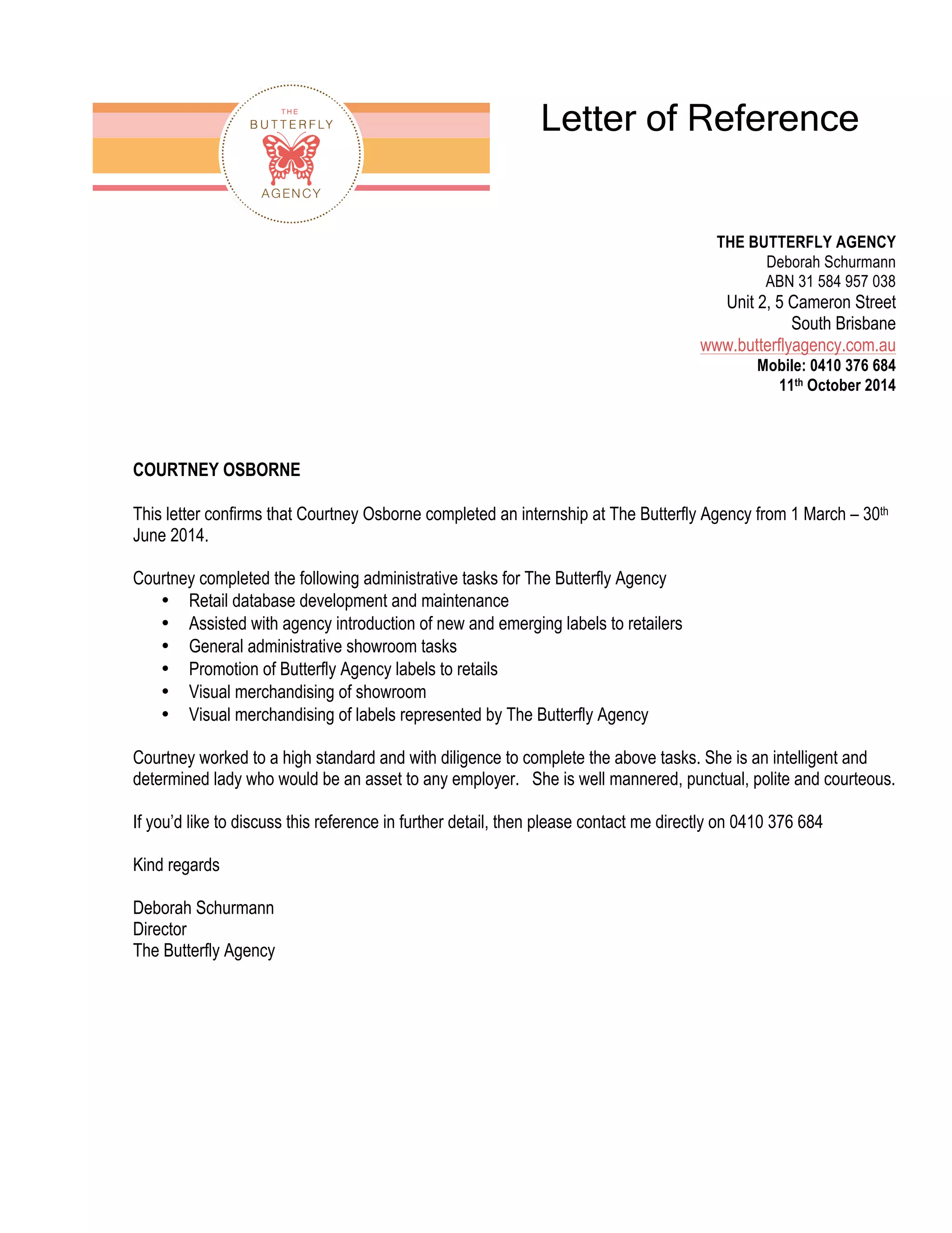 Courtney Osborne Butterfly Agency Reference | PDF