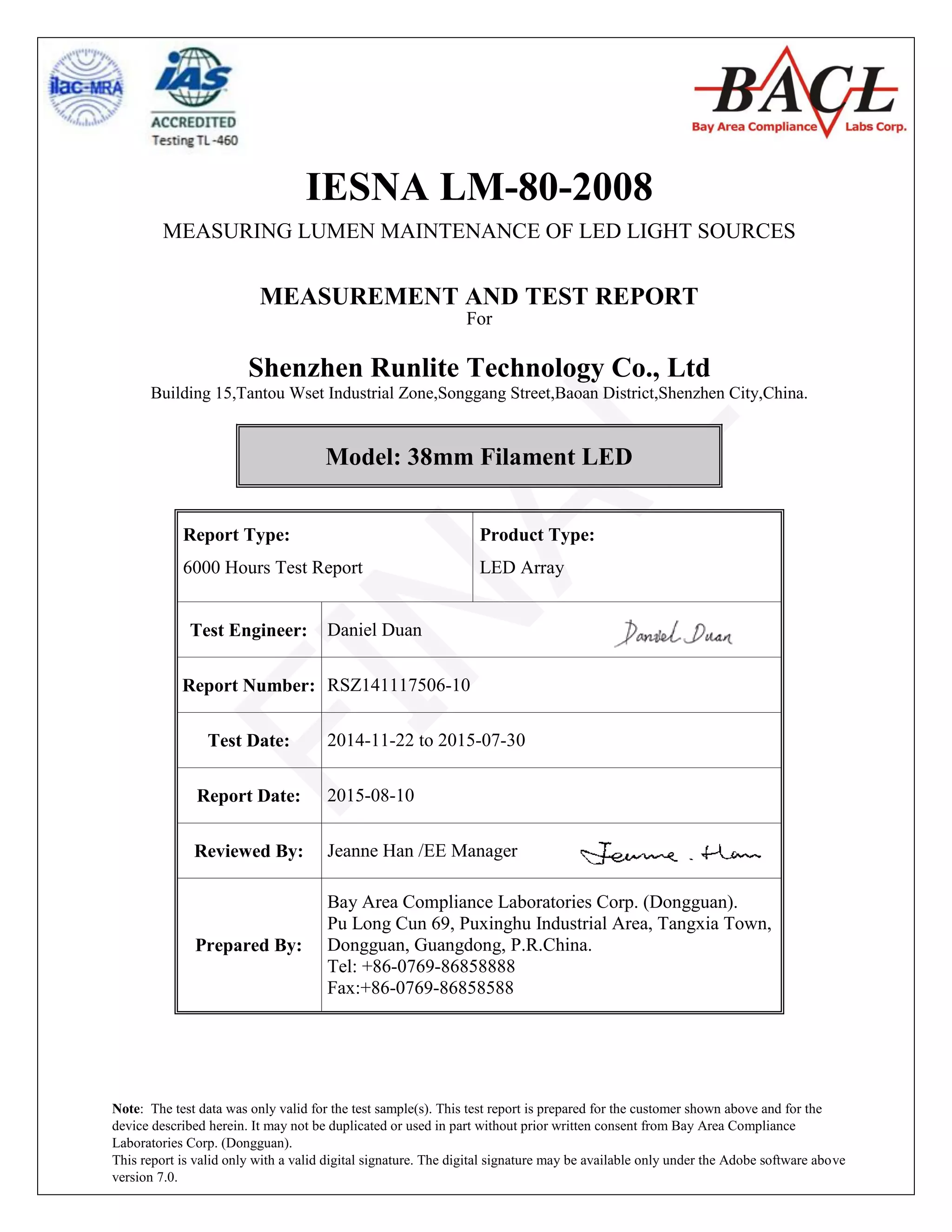 Runlite 38mm Filament LED LM-80 test report.PDF