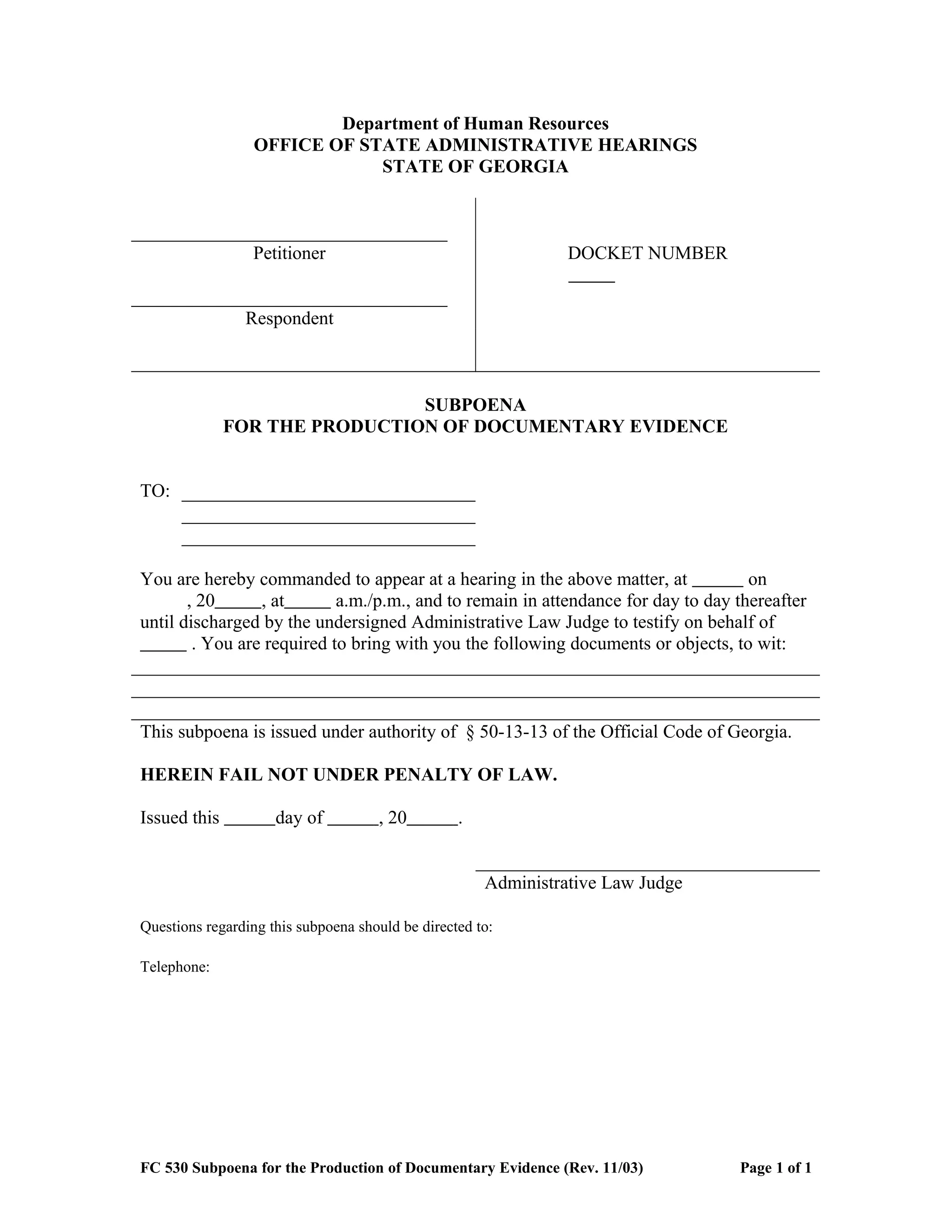 Fc 530 subpoena for the production of documentary evidence | PDF