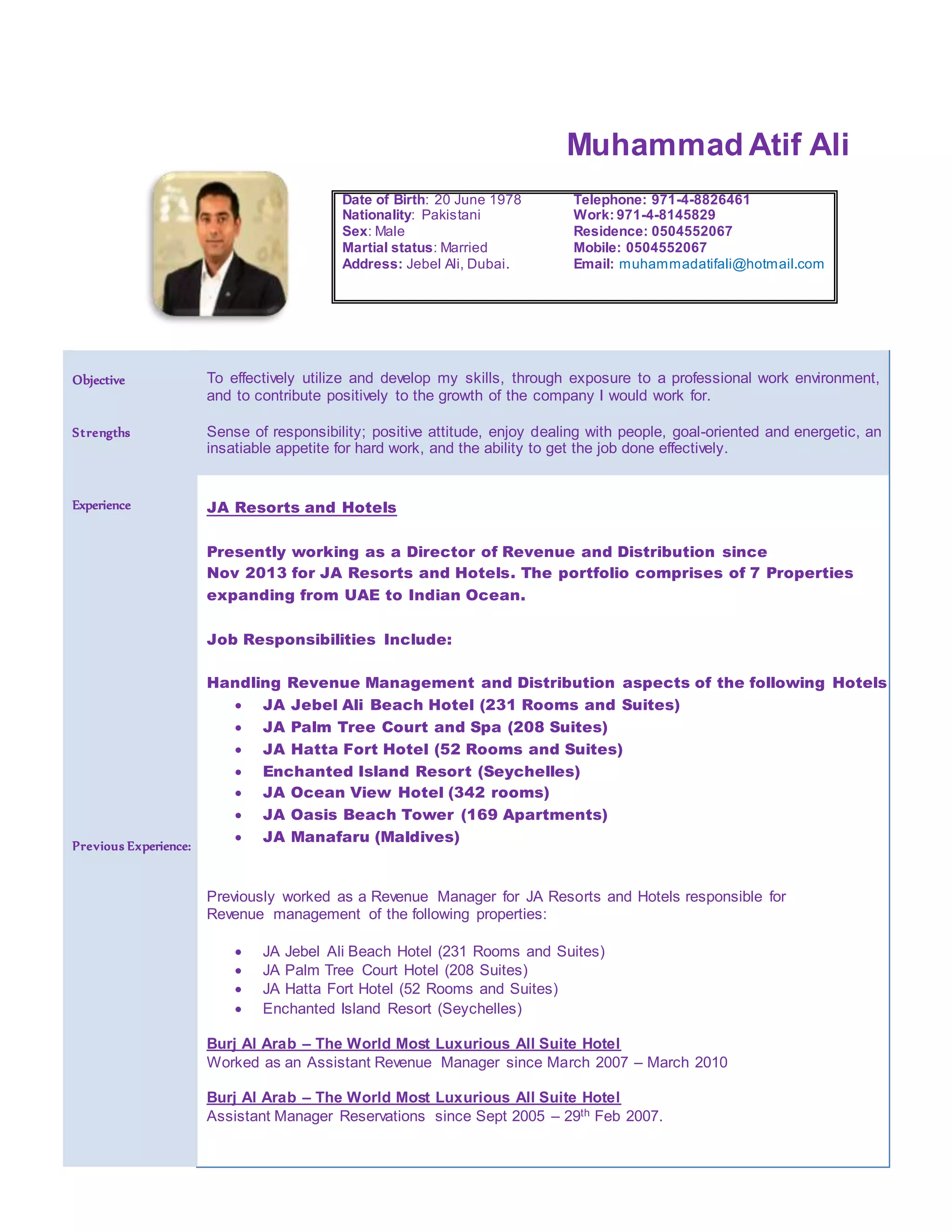 Muhammad Atif Ali CV 2015 | DOCX | Hotels and Motels | Travel Type