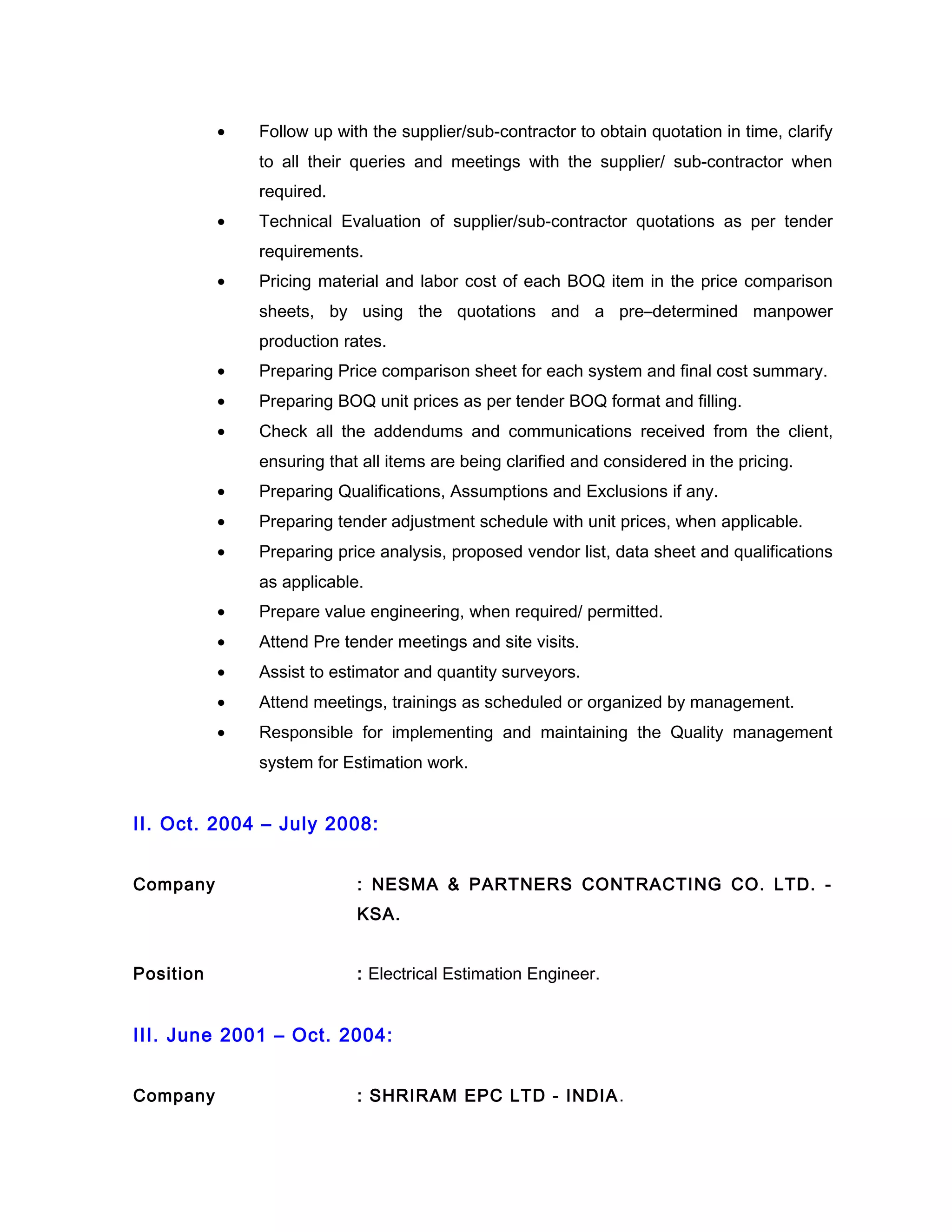 CV - Electrical Estimation Engineer | DOC