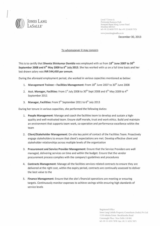 Jones Lang LaSalle Experience Letter | PDF