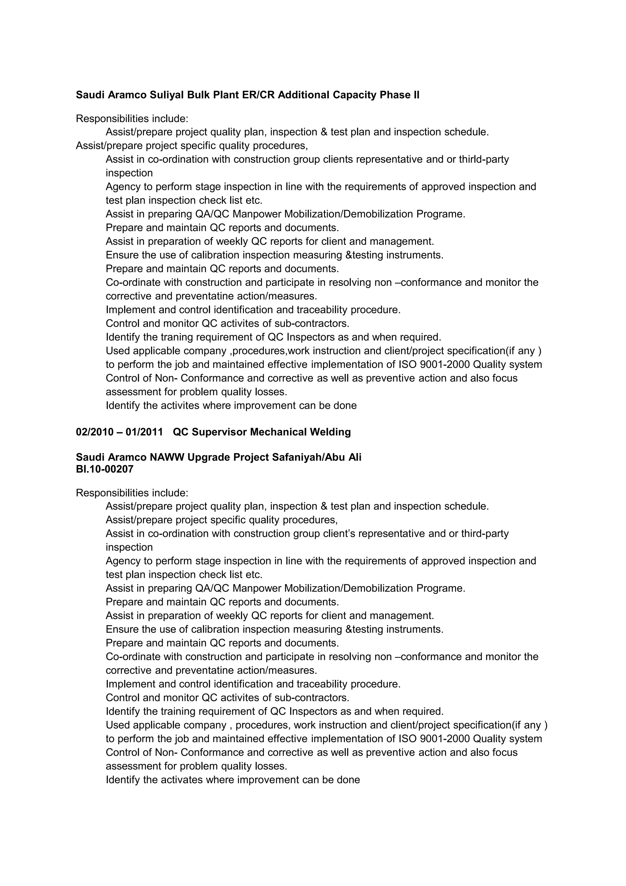 AKRAM CV QC Supervisor Mechanical | DOC