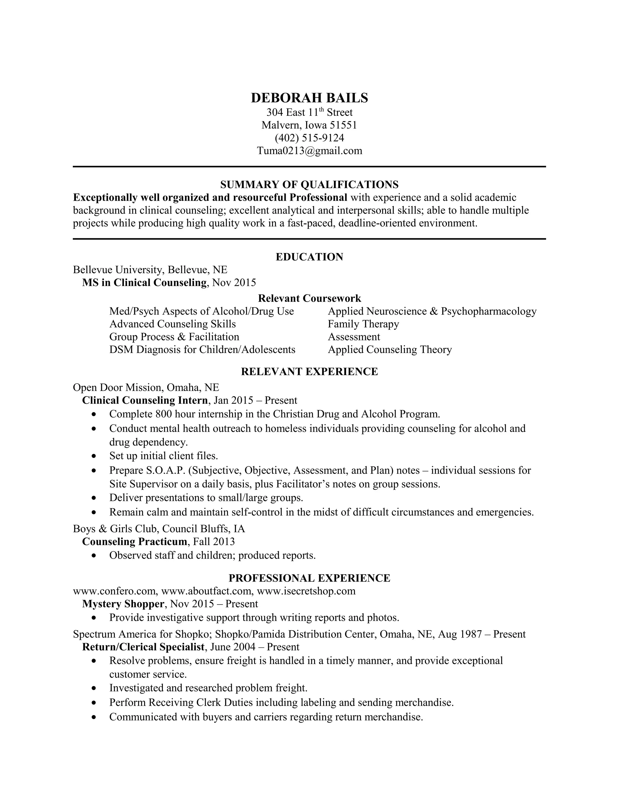 Deborah Bails Resume | DOC | Substance Abuse | Diseases and Conditions