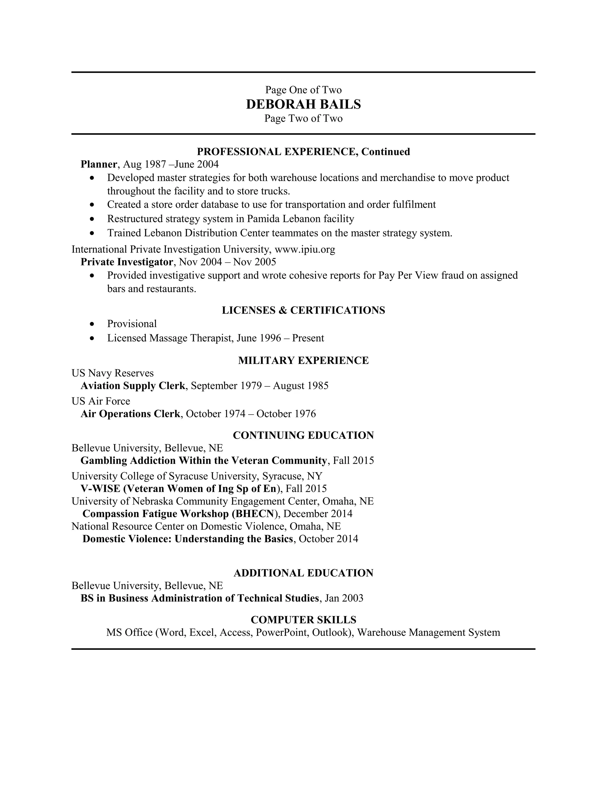 Deborah Bails Resume | DOC | Substance Abuse | Diseases and Conditions