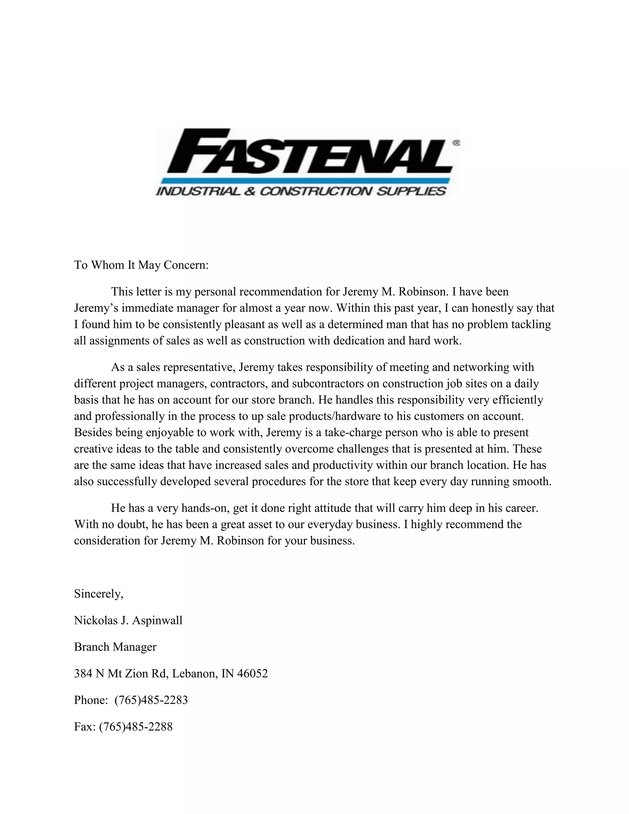 Fastenal Recommendation Letter | PDF