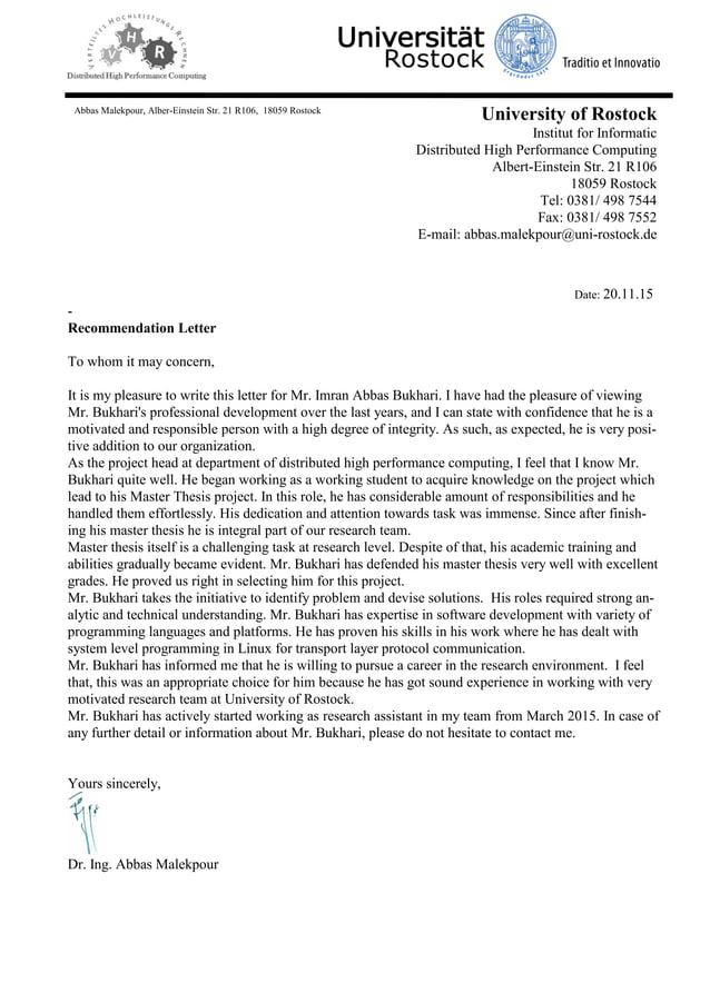 Imran Bukhari Recommandation Letter | PDF