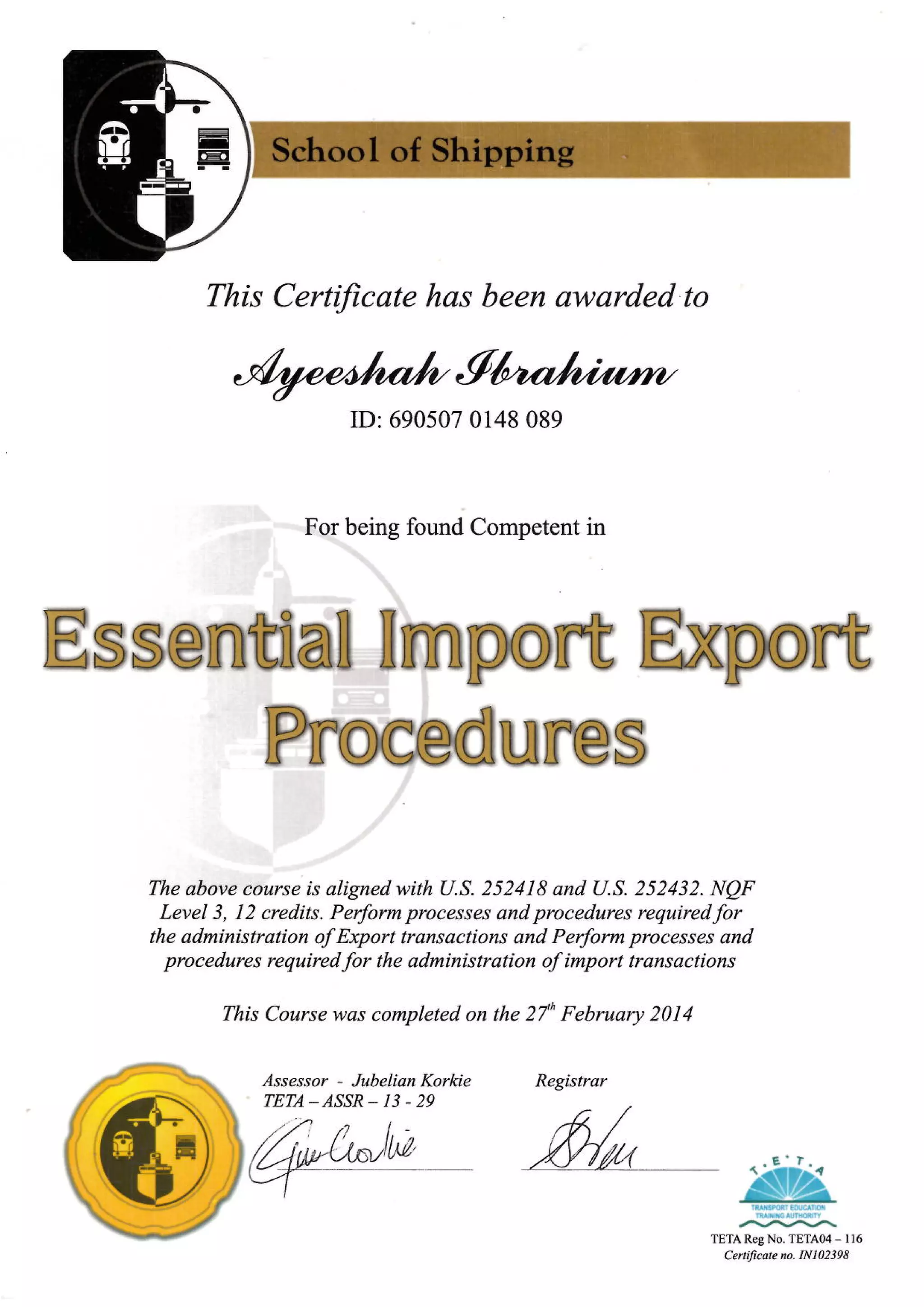 School of Shipping Cerificate | PDF