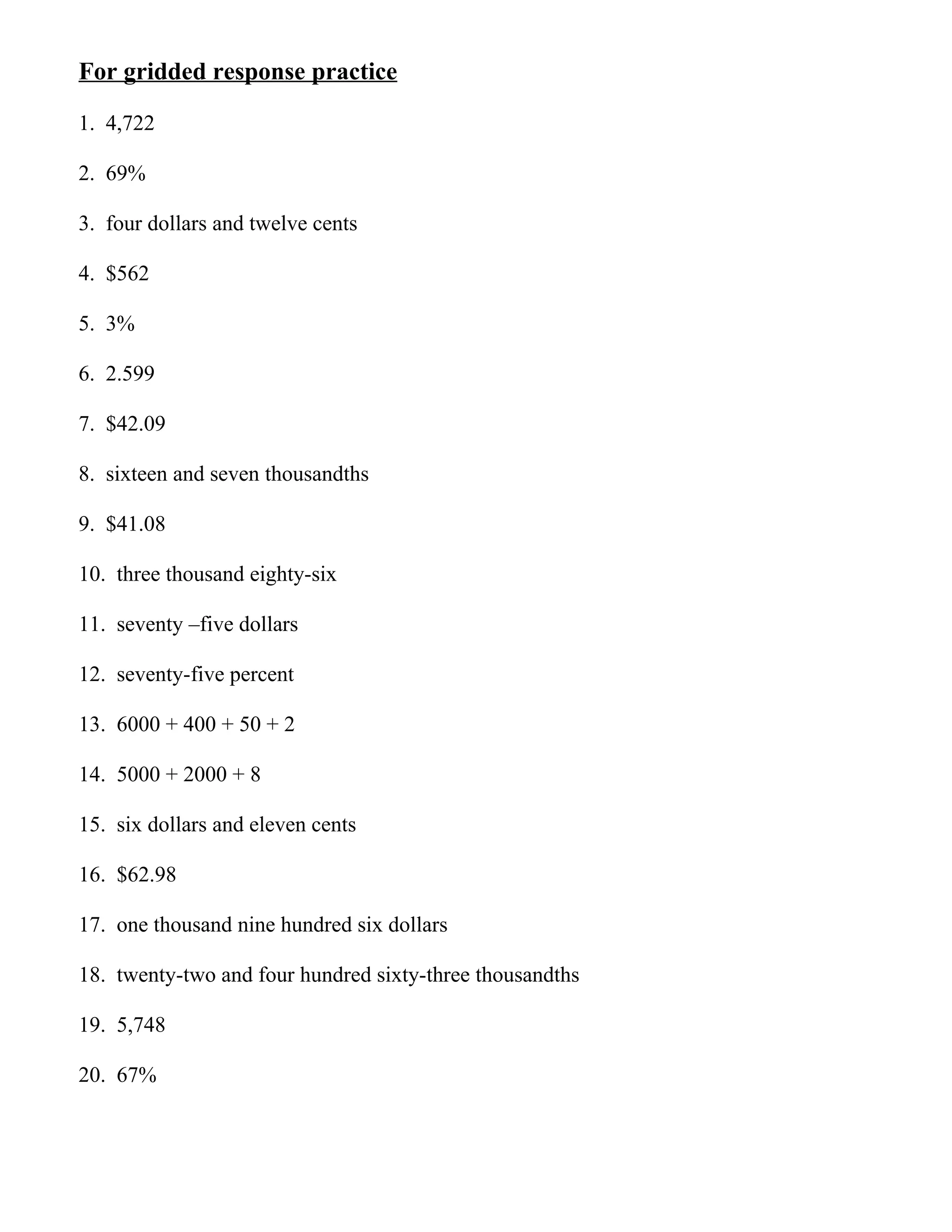 Fcat for gridded response practice | PDF