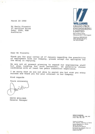1990 Williams Formula One Team_Response Letter | PDF