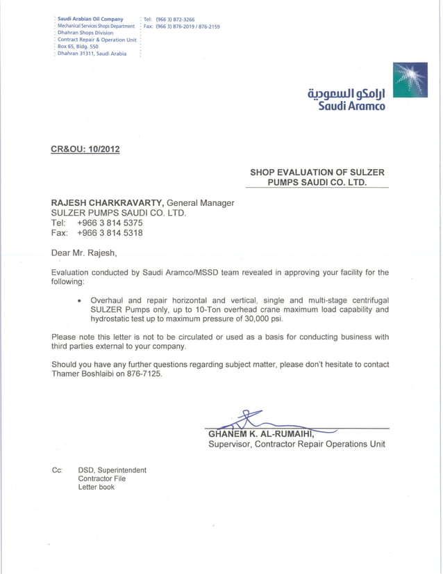 ARAMCO Email and Letter for Sulzer Pumps Workshop approval | PDF ...