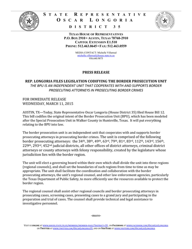 Press Release - LONGORIA FILES LEGISLATION CODIFYING THE BORDER ...