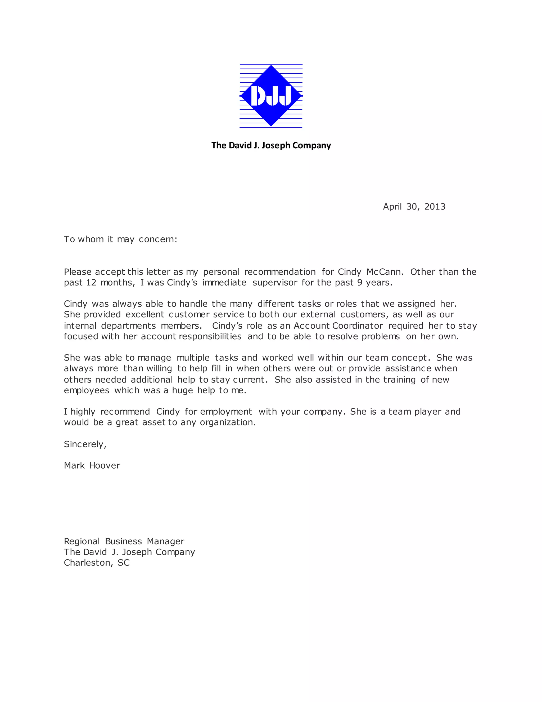 Cindy McCannn letter of recommendation_ April 2013 | PDF