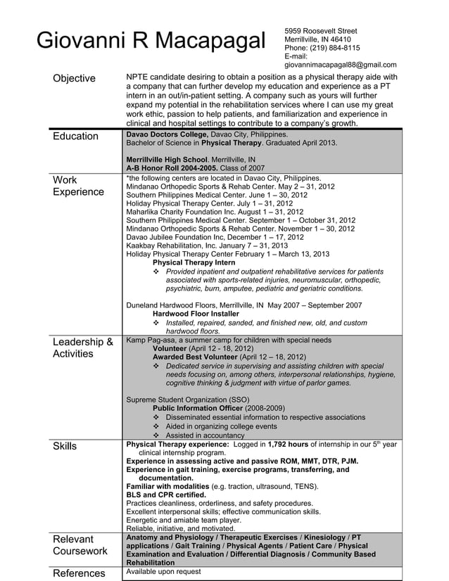 von resume 1 | DOC | Physical Therapy | Wellness