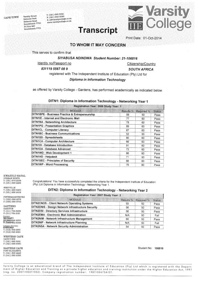 Varsity College Transcript