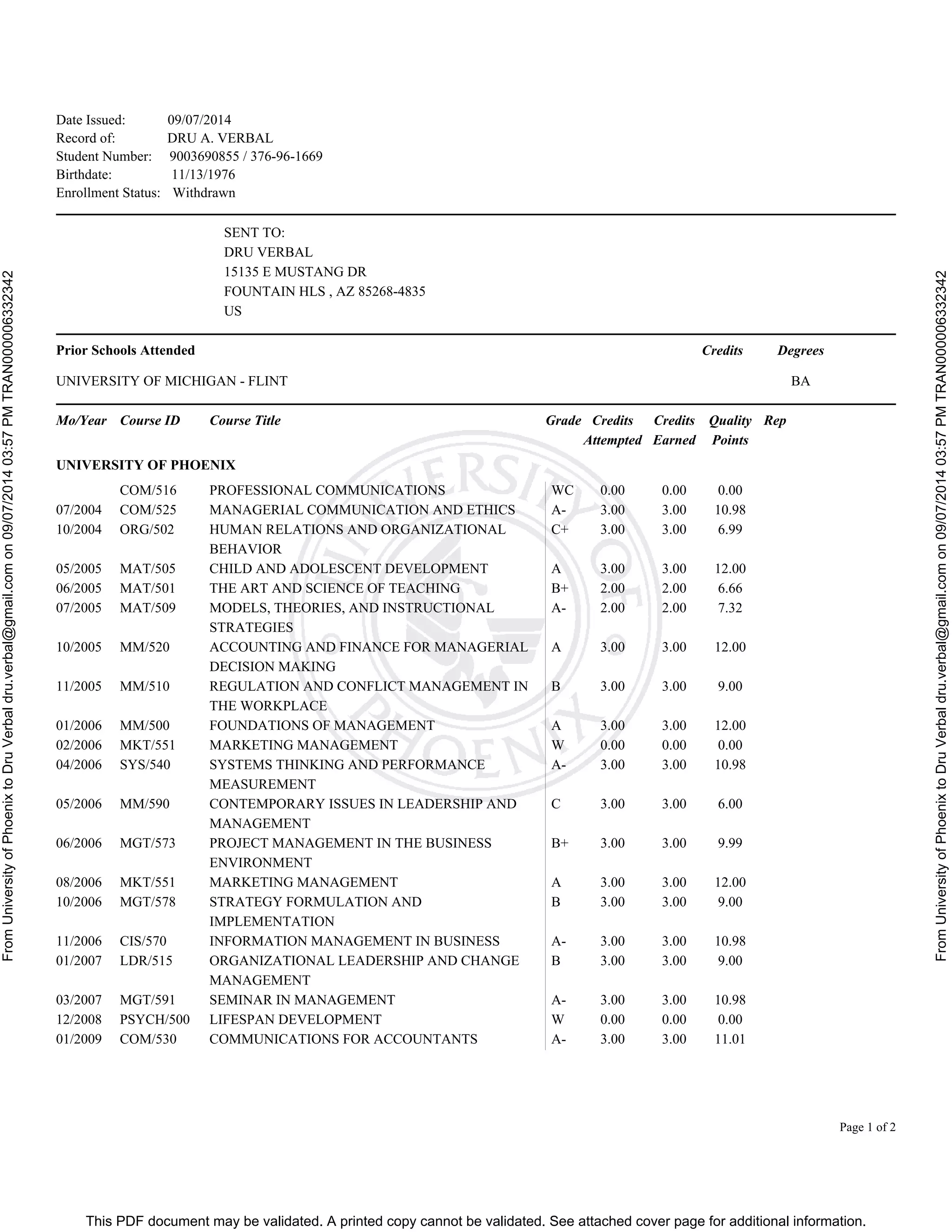 Dru A Verbal University of Phoenix Master of Management Transcripts | PDF