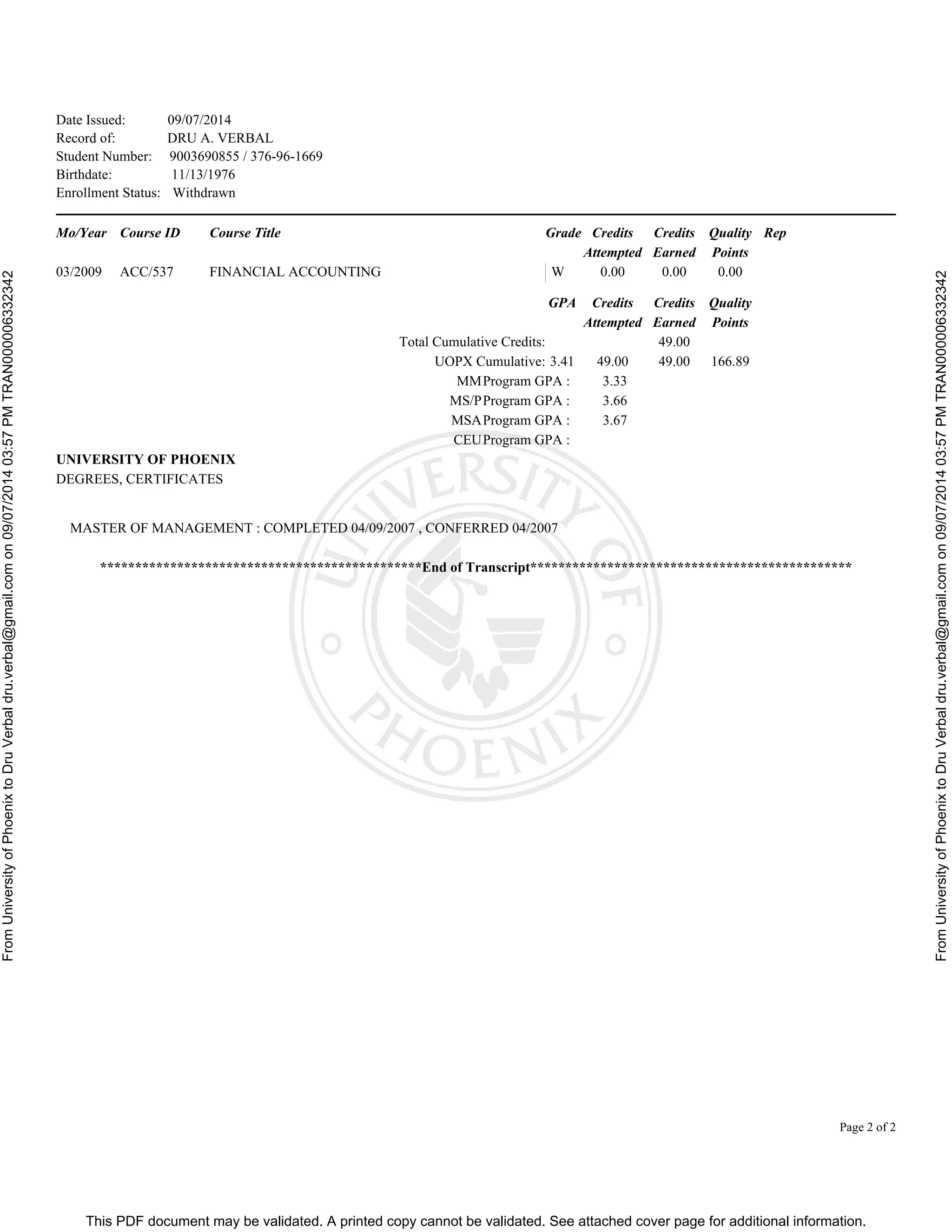 Dru A Verbal University of Phoenix Master of Management Transcripts | PDF