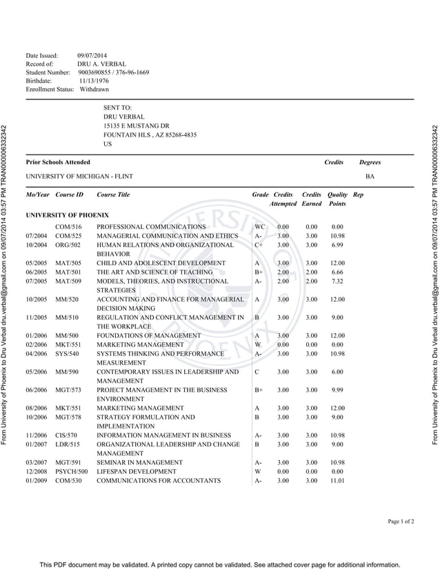 Dru A Verbal University of Phoenix Master of Management Transcripts | PDF