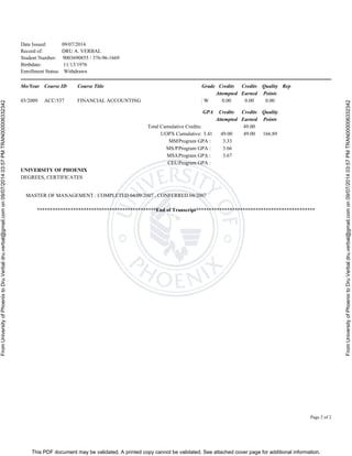 Dru A Verbal University of Phoenix Master of Management Transcripts | PDF