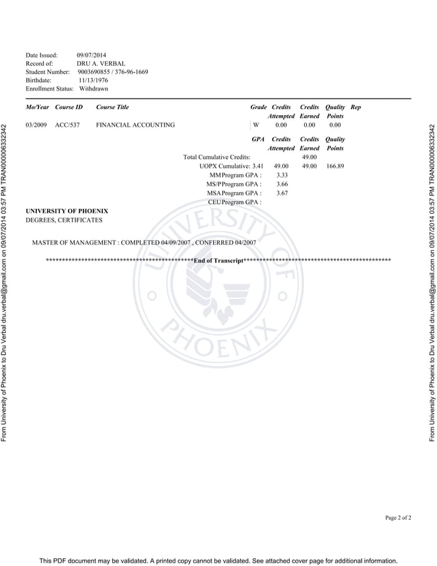 Dru A Verbal University of Phoenix Master of Management Transcripts | PDF