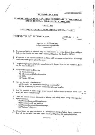 First class mine manager exam (UR) legislation question papers 2002-10 | PDF