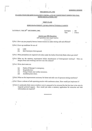 First class mine manager exam (UR) legislation question papers 2002-10 | PDF