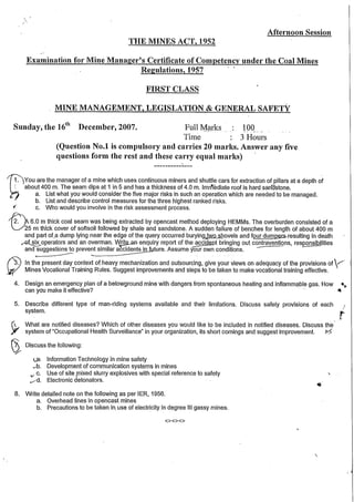 First class mine manager exam (UR) legislation question papers 2002-10 | PDF