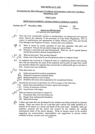 First class mine manager exam (UR) legislation question papers 2002-10 | PDF