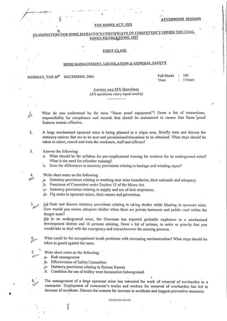 First class mine manager exam (UR) legislation question papers 2002-10 | PDF