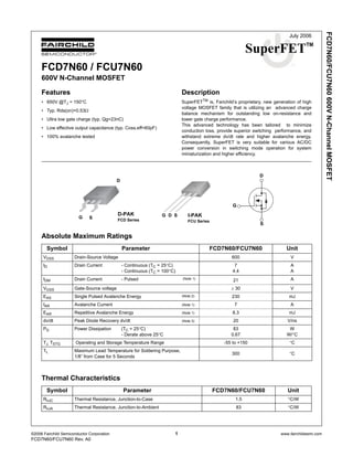 Original N-CHANNEL MOSFET FCD7N60 7N60 TO-252 7A 600V New | PDF ...